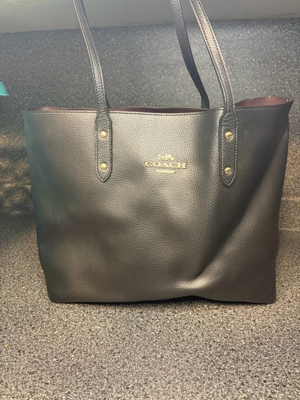 Coach | Bags | Coach Black Pebbled Leather Tote With Gold Logo With ...